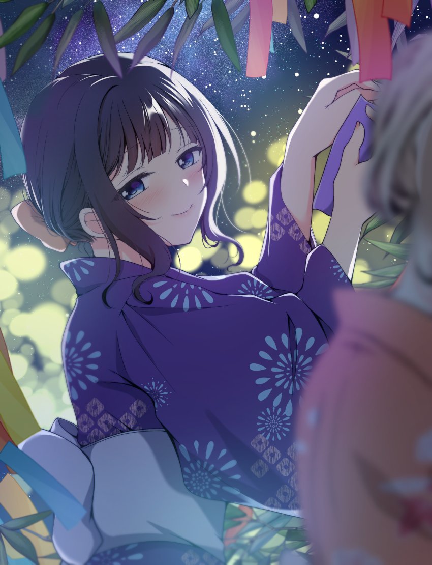 Safebooru - 2girls asaka karin bamboo blonde hair blue eyes blue hair blue kimono blunt bangs ...