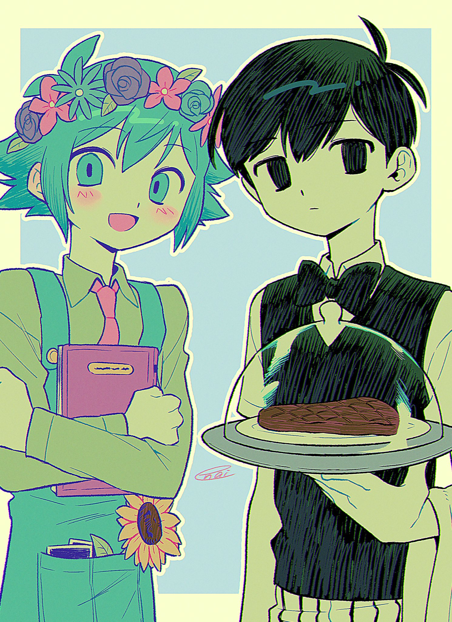 Safebooru - 2boys apron basil (headspace) (omori) basil (omori) blush closed mouth collared ...