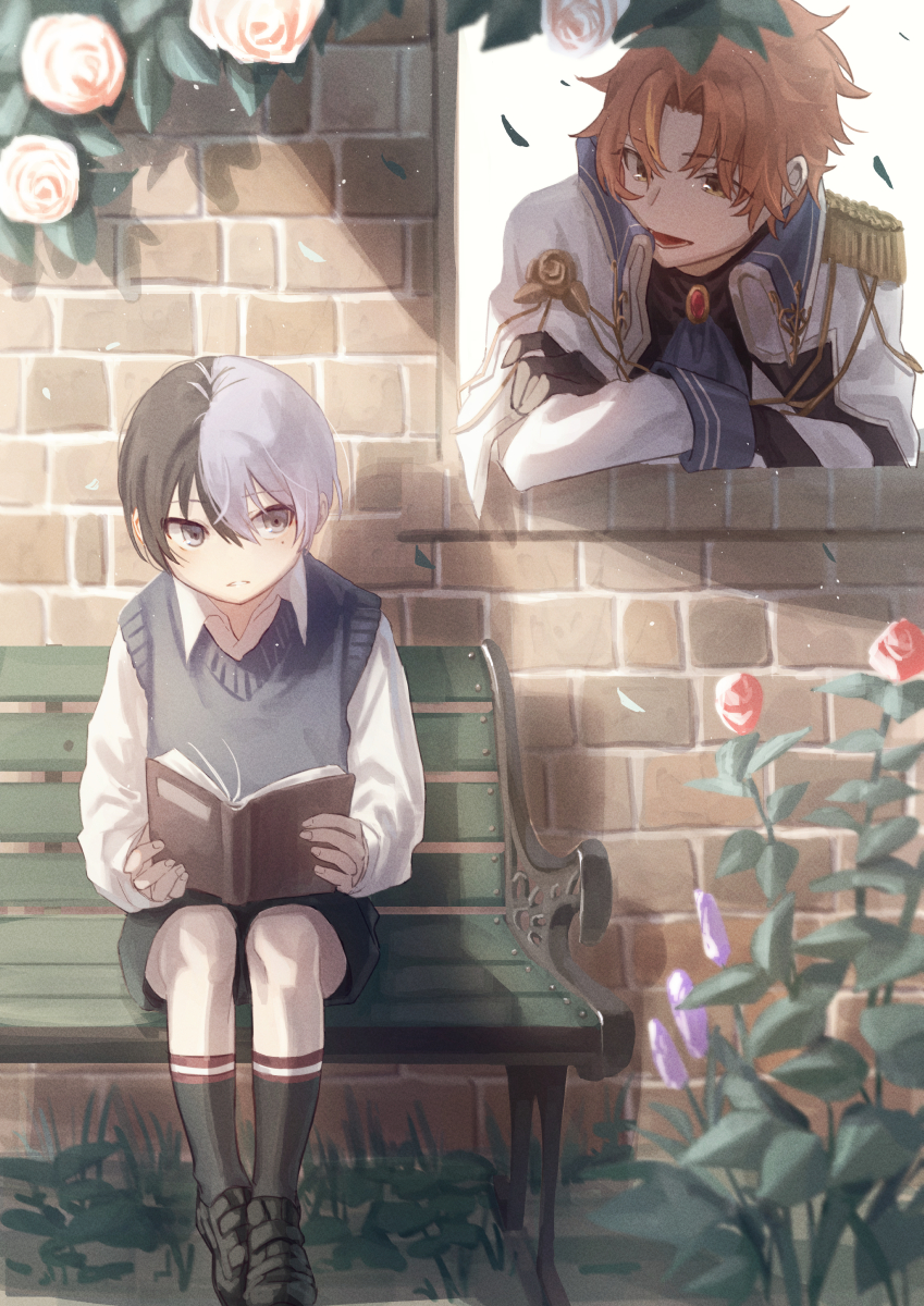 Safebooru - 2boys aoyagi touya bench black hair black shorts black socks book brick wall coat ...