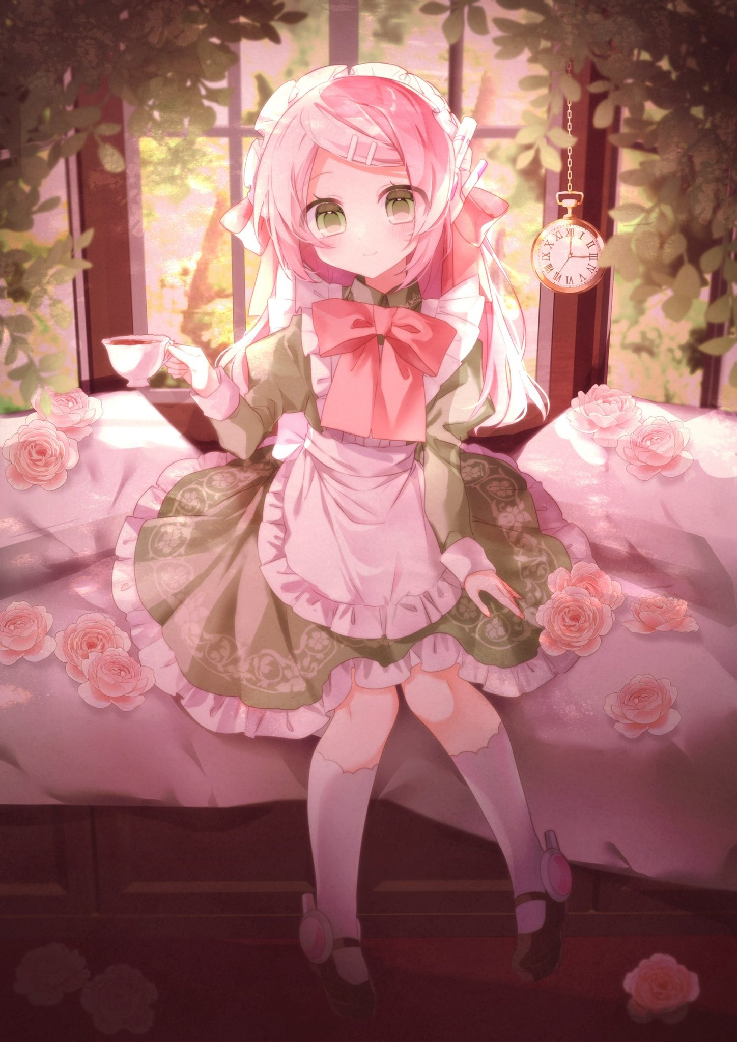 Safebooru - 1girl amane momo apron bow clock cup flower green eyes ...