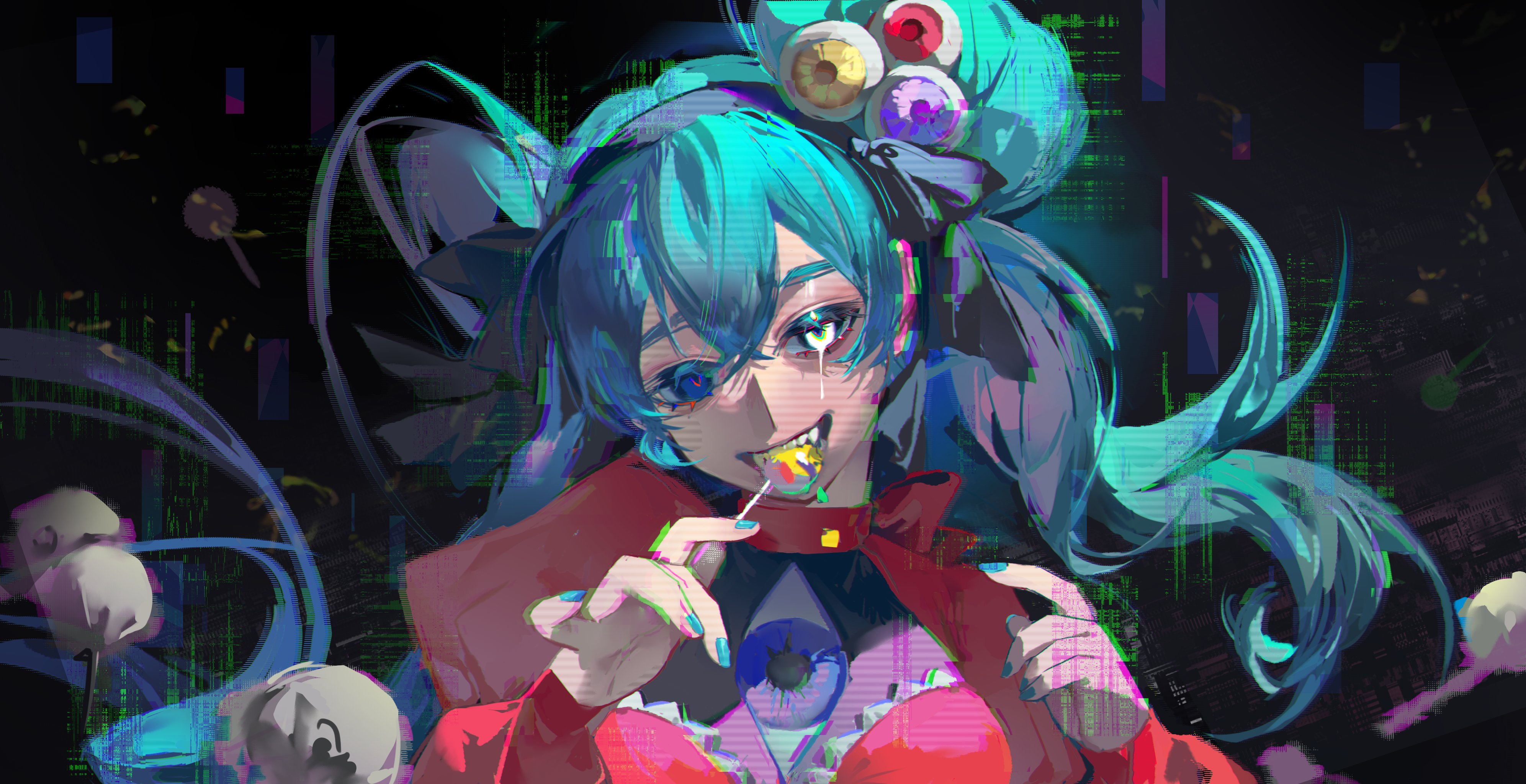 Safebooru - 1girl absurdres aqua hair aqua nails candy dress eye trail ...