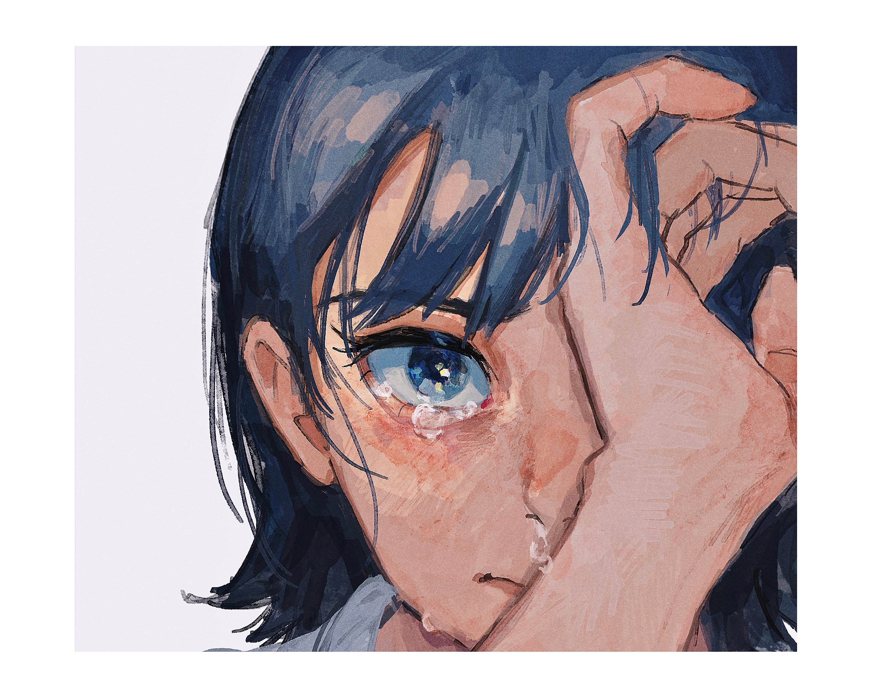 Safebooru - 1girl absurdres arima haruka arm up blue eyes blue hair border close-up crying ...