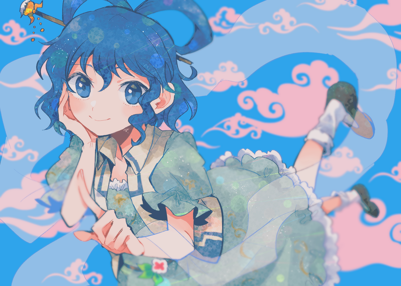 Safebooru - 1girl aqua dress black footwear blue background blue dress blue eyes blue hair blue ...