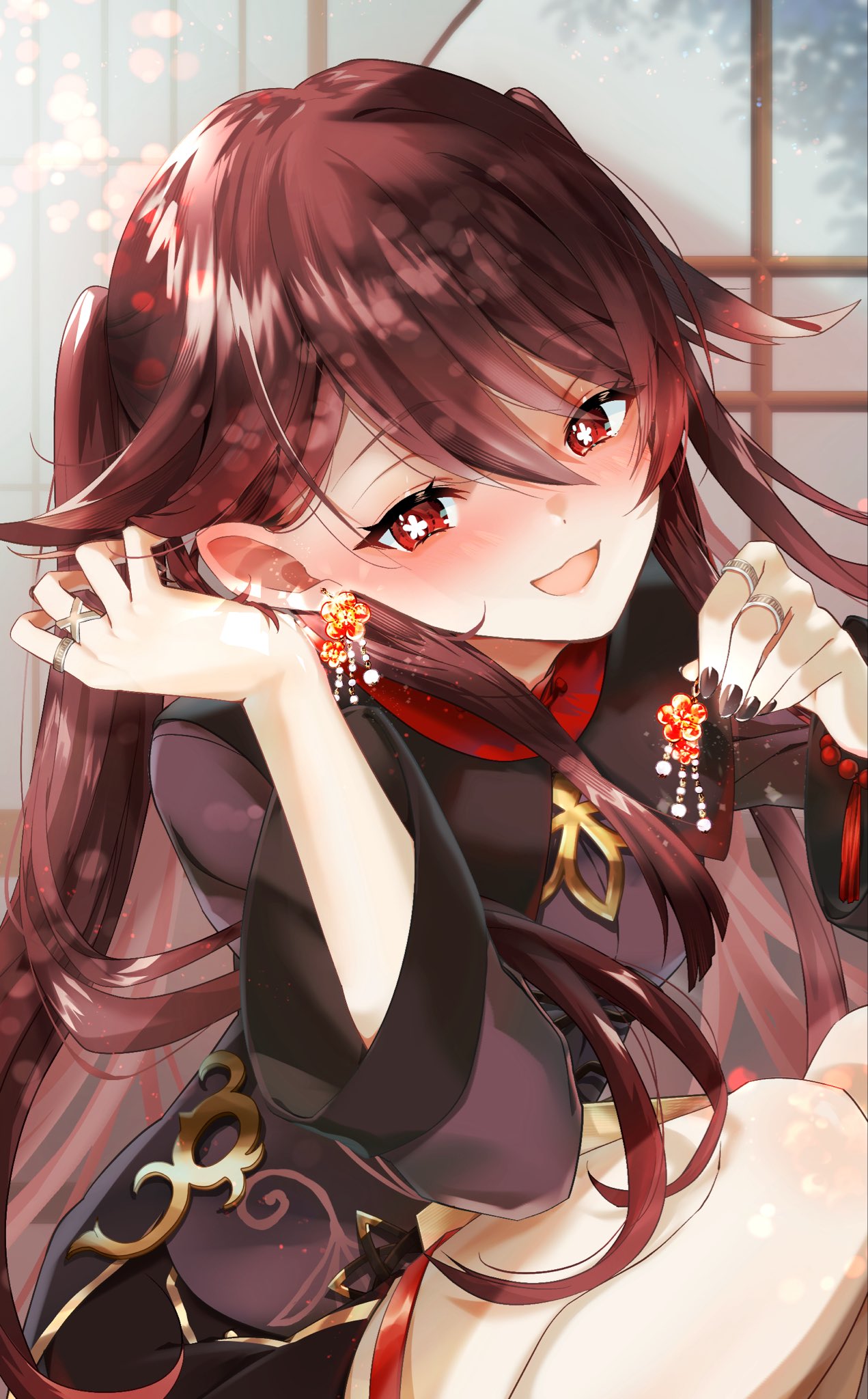 Safebooru - 1girl :d alternate hair color black nails blush brown coat coat commentary request ...