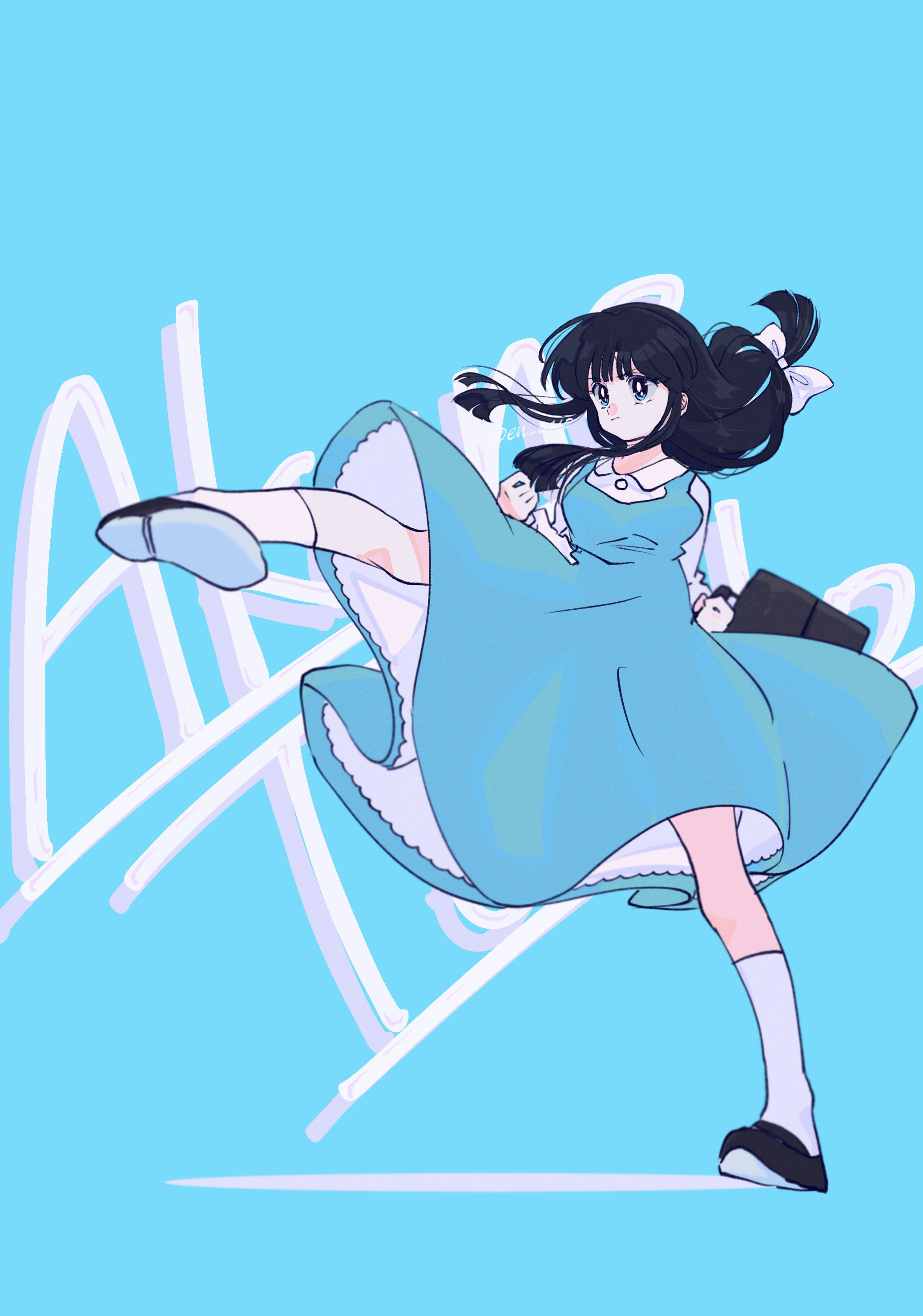 Safebooru - absurdres bag black bag blue background blue dress blue eyes blue hair blue theme ...