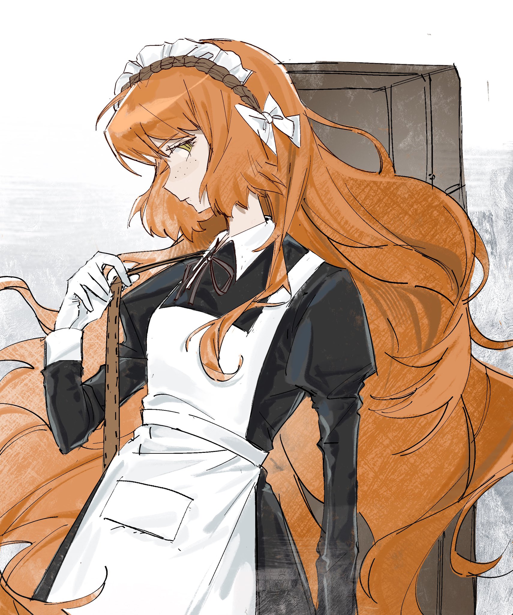 Safebooru - 1girl apron black dress bow brown hairband closed mouth cowboy shot dress freckles ...