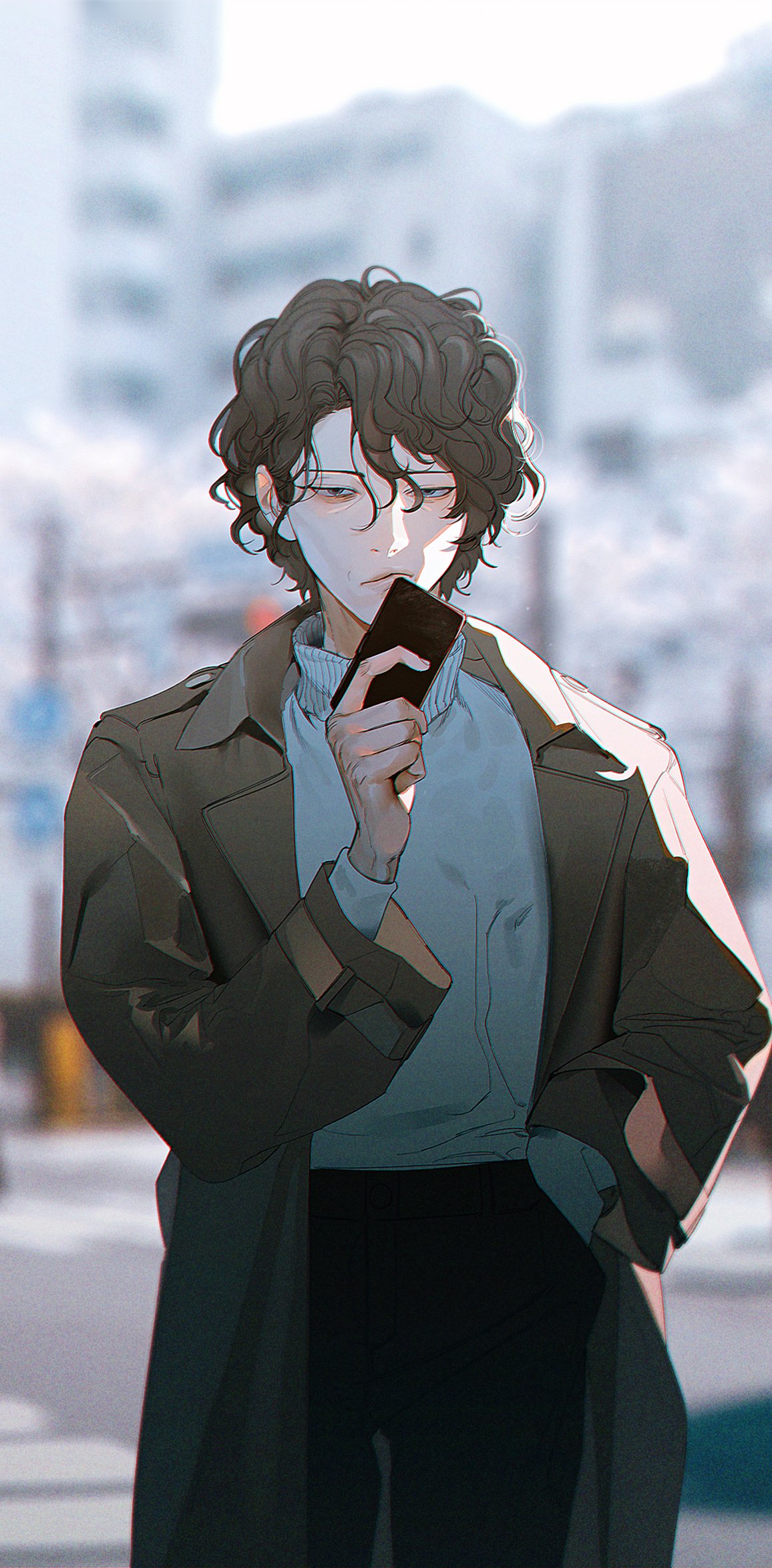 Safebooru - 1boy black coat black hair blurry blurry background brown coat cellphone chromatic ...
