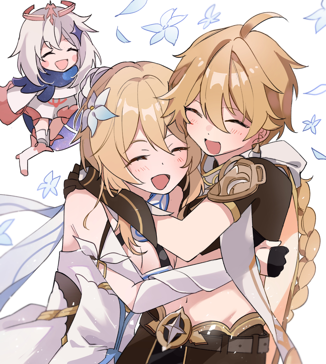 Safebooru - 1boy 2girls aether (genshin impact) ahoge arm armor armor bare shoulders belt black ...