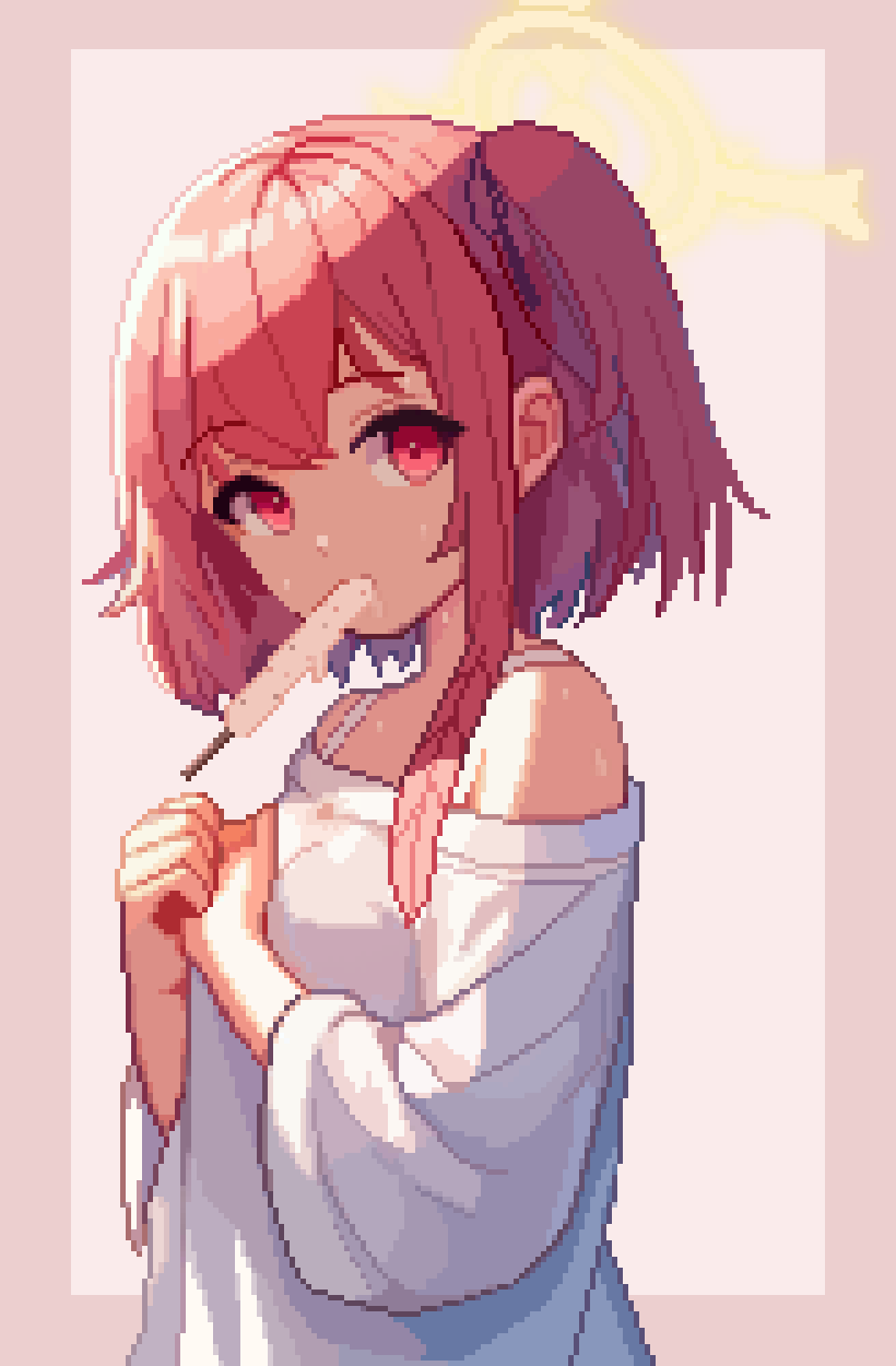 Safebooru - 1girl blue archive breasts food hair between eyes halo highres long sleeves looking ...