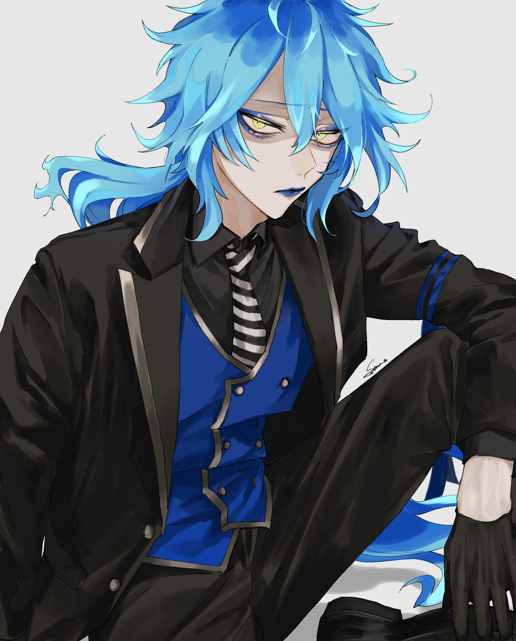 Safebooru - 1boy alternate costume arm ribbon arm support artist name black gloves black jacket ...