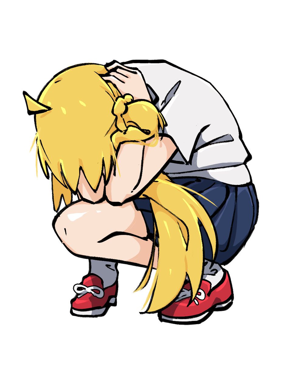 Safebooru - 1girl ahoge blonde hair blue skirt bocchi the rock! hands on own head highres ijichi ...