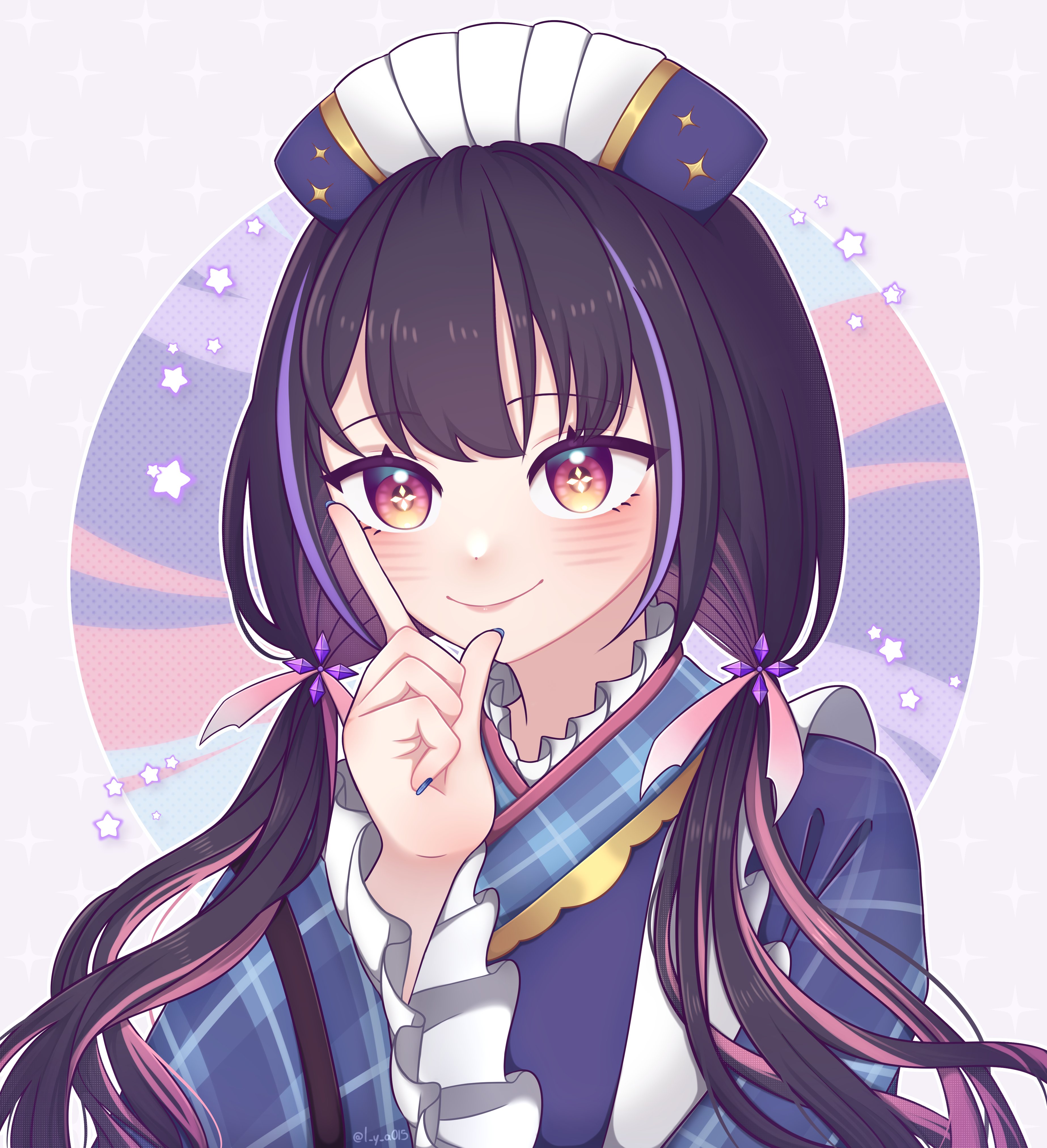 Safebooru - 1girl absurdres black hair blue kimono blue nails blush colored inner hair cross ...