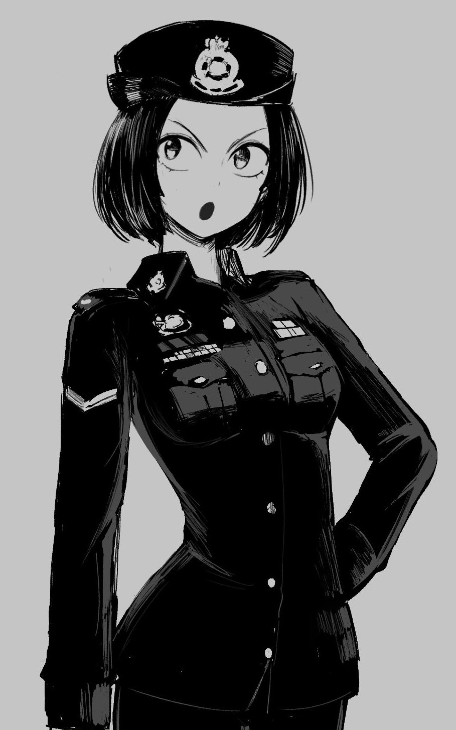 Safebooru - 1girl :o female service cap furai sen greyscale hand on own ...