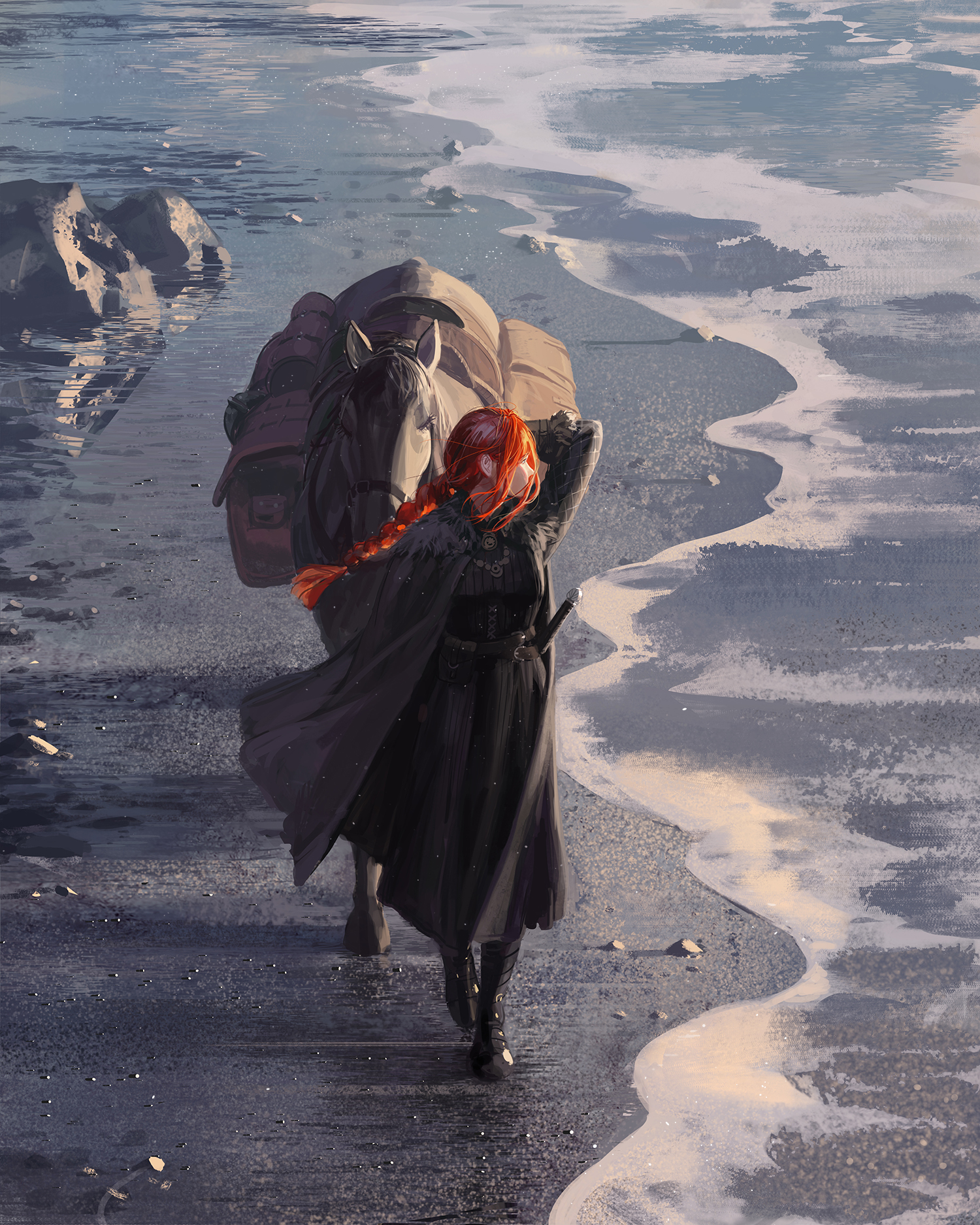 Safebooru - 1girl animal arm behind head arm up black cloak black dress black footwear black ...