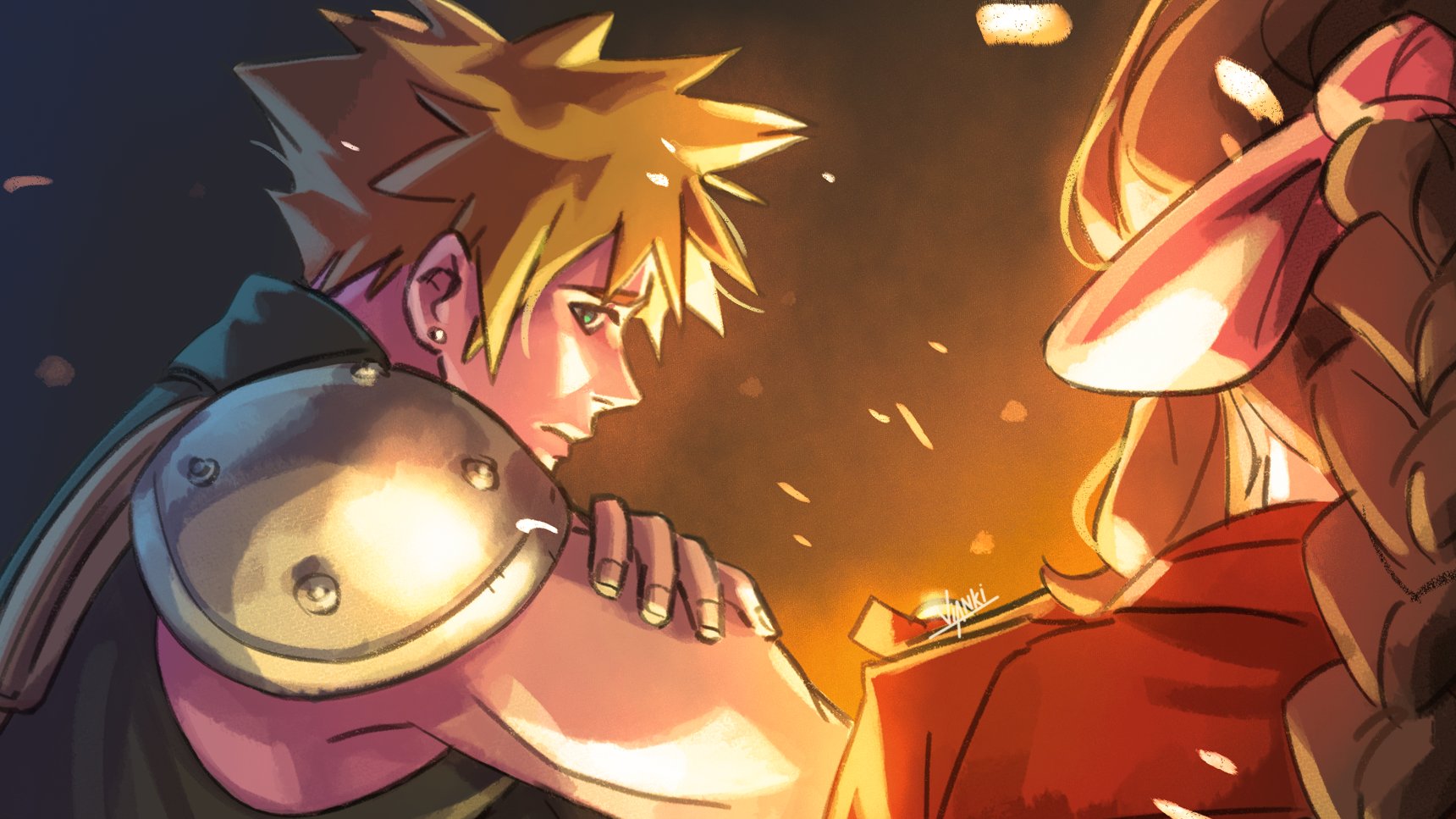 Safebooru - 1boy 1girl aerith gainsborough armor artist name blonde hair blue shirt braid ...