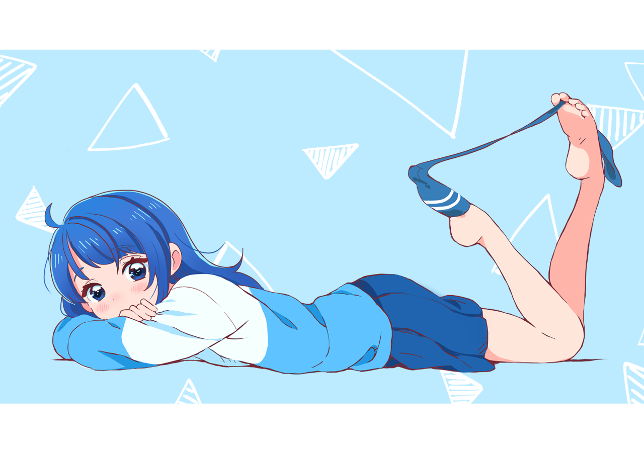 Safebooru - 1girl alternate hairstyle arm pillow azure blue t-shirt barefoot blue background ...