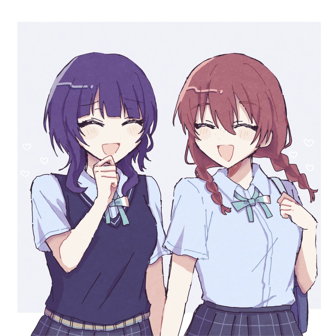 Safebooru - 2girls asaka karin bag blue hair blue shirt blue skirt blue vest blunt bangs blush ...