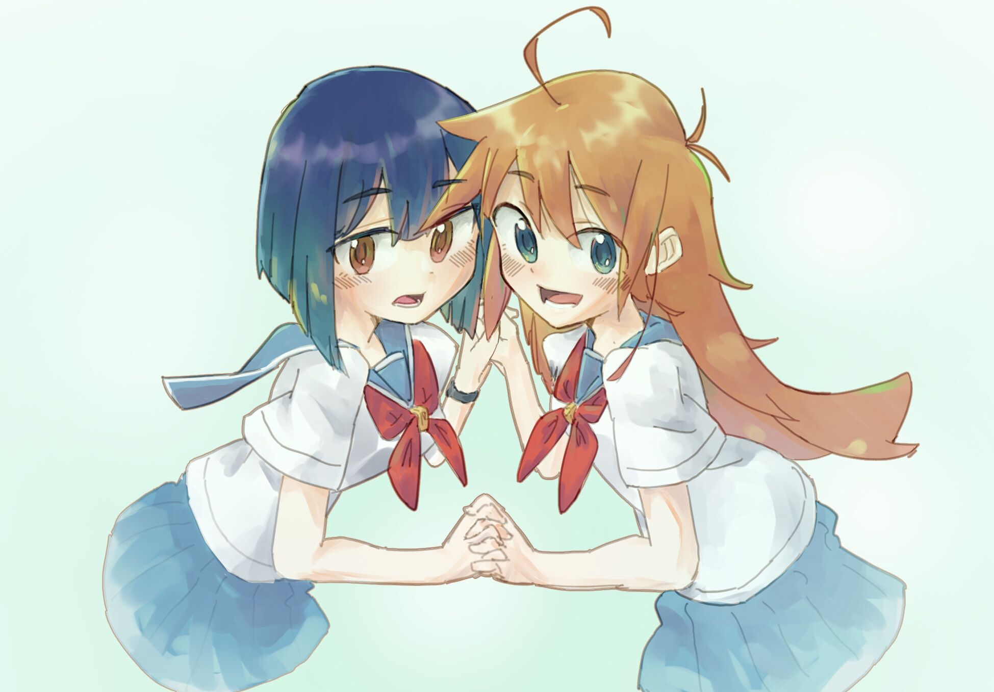 Safebooru - 2girls :d ahoge blue hair blue skirt blush brown eyes brown hair flip flappers ...