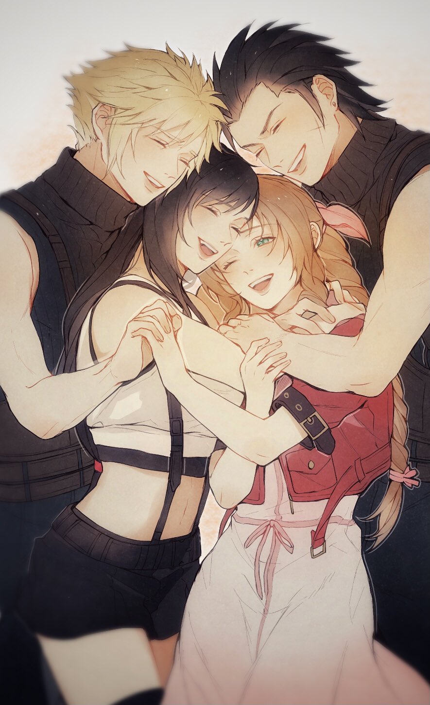 Safebooru - 0 ebj 2boys 2girls aerith gainsborough arms around neck belt black hair black pants ...