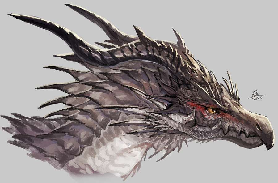 Safebooru - animal focus black horns cropped head dragon from side grey ...