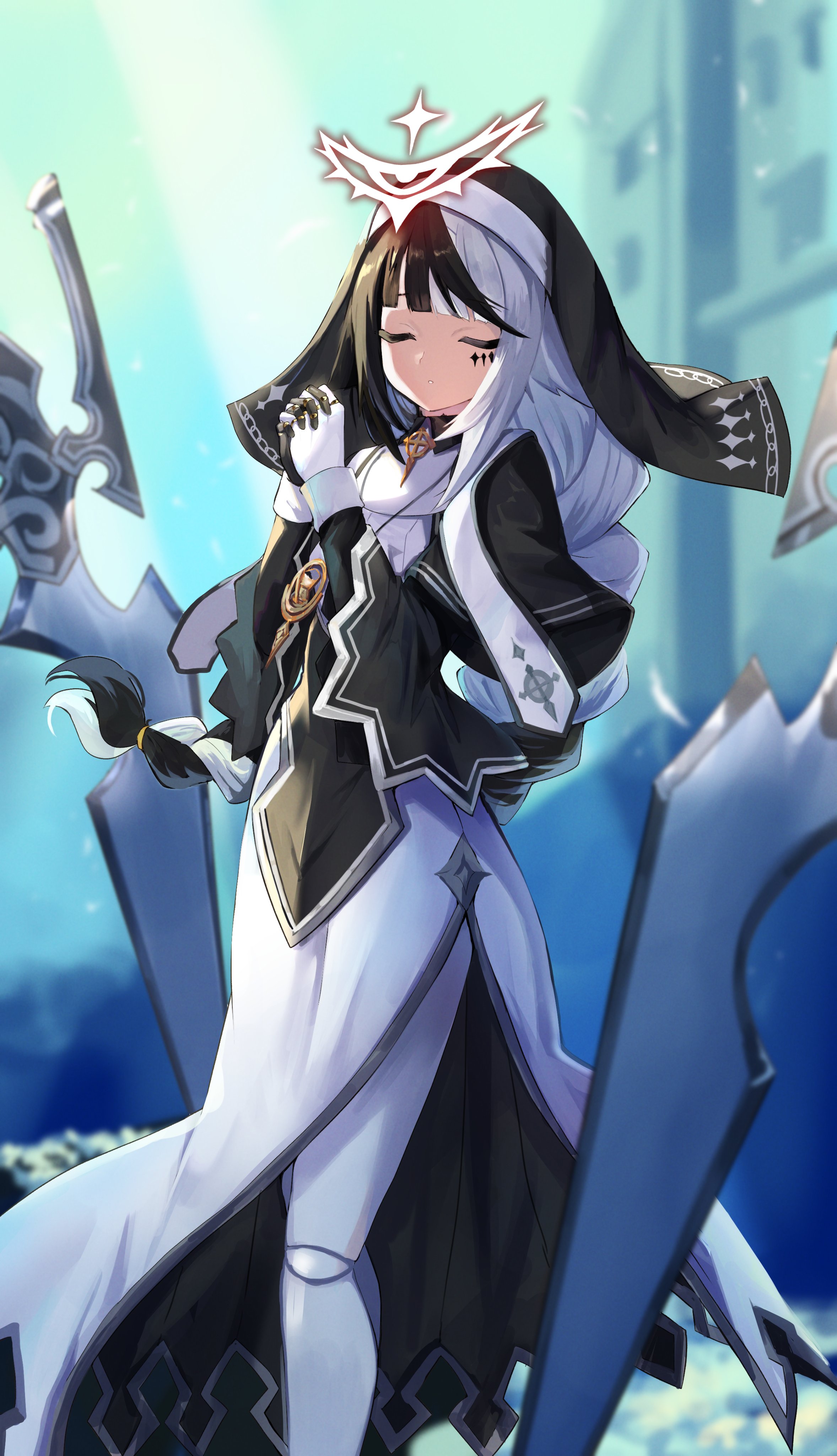 Safebooru - 1girl absurdres arrow cross asymmetrical gloves black capelet black hair blurry ...