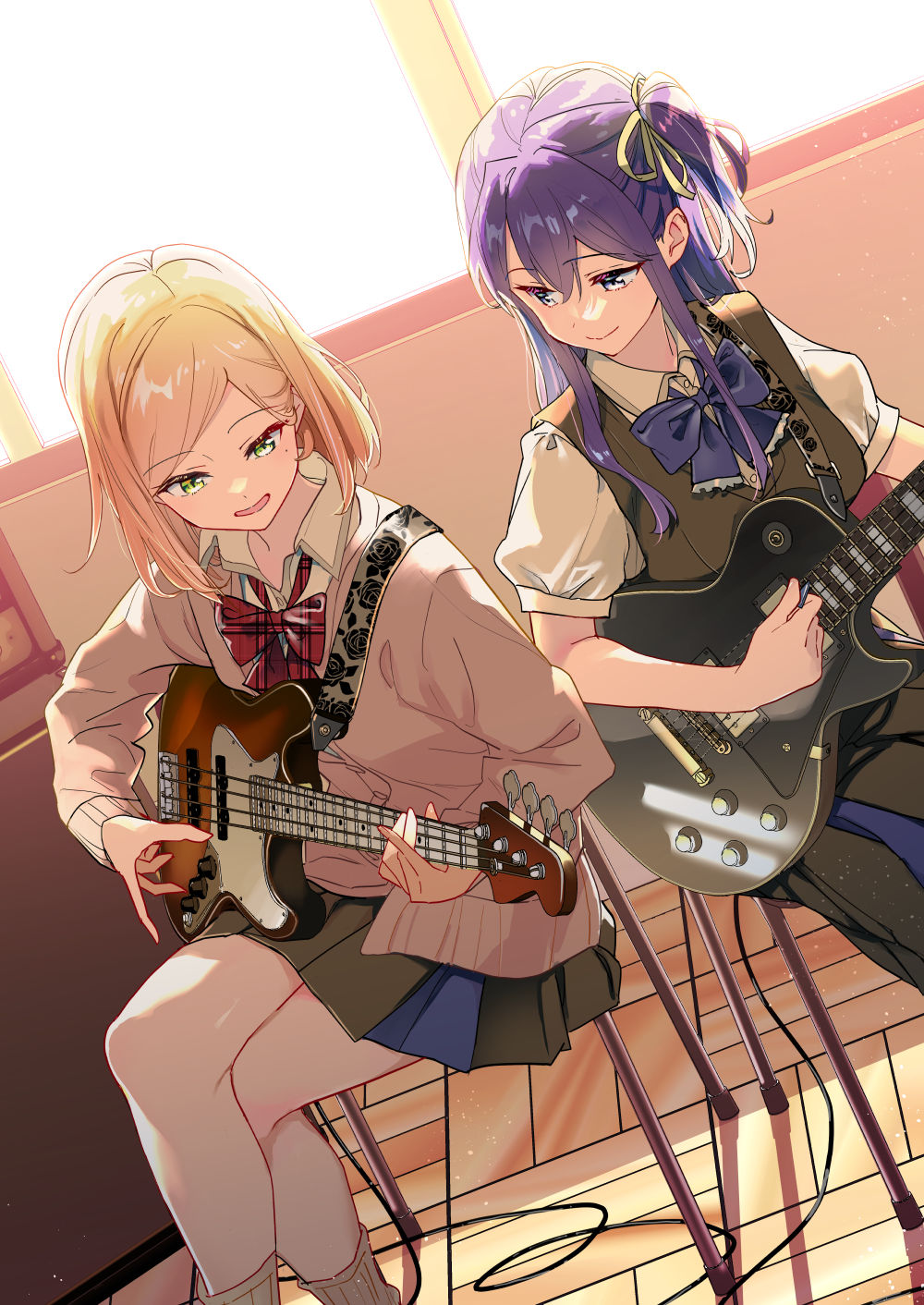 Safebooru - 2girls black dress blonde hair blue bow blue bowtie blue ...