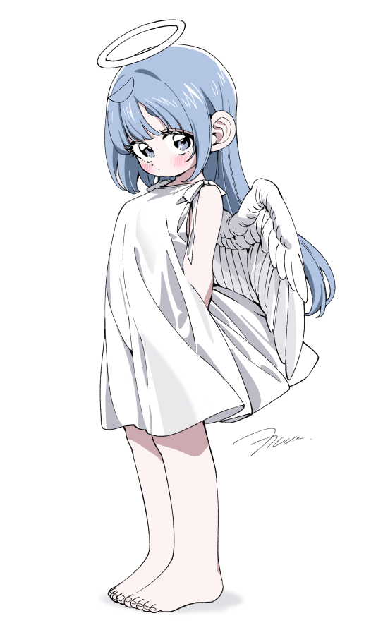 Safebooru 1girl Angel Angel Wings Arms Behind Back Barefoot Blue Eyes 4610