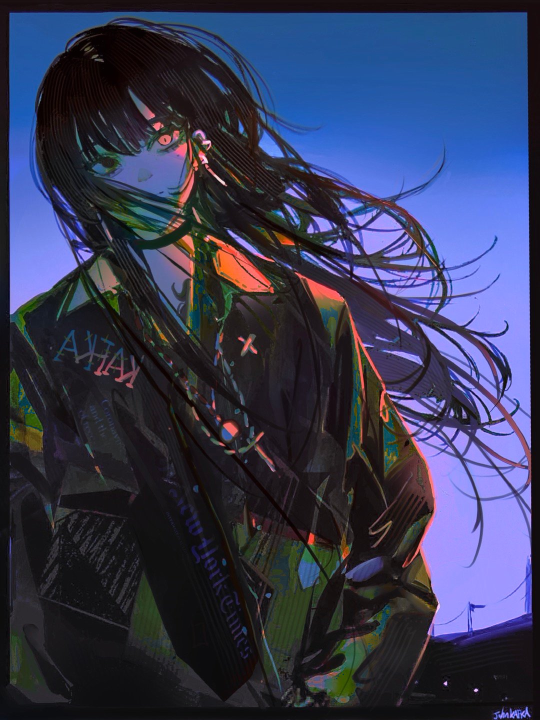 Safebooru - 1girl artist name black border black choker black eyes black hair black jacket blue ...