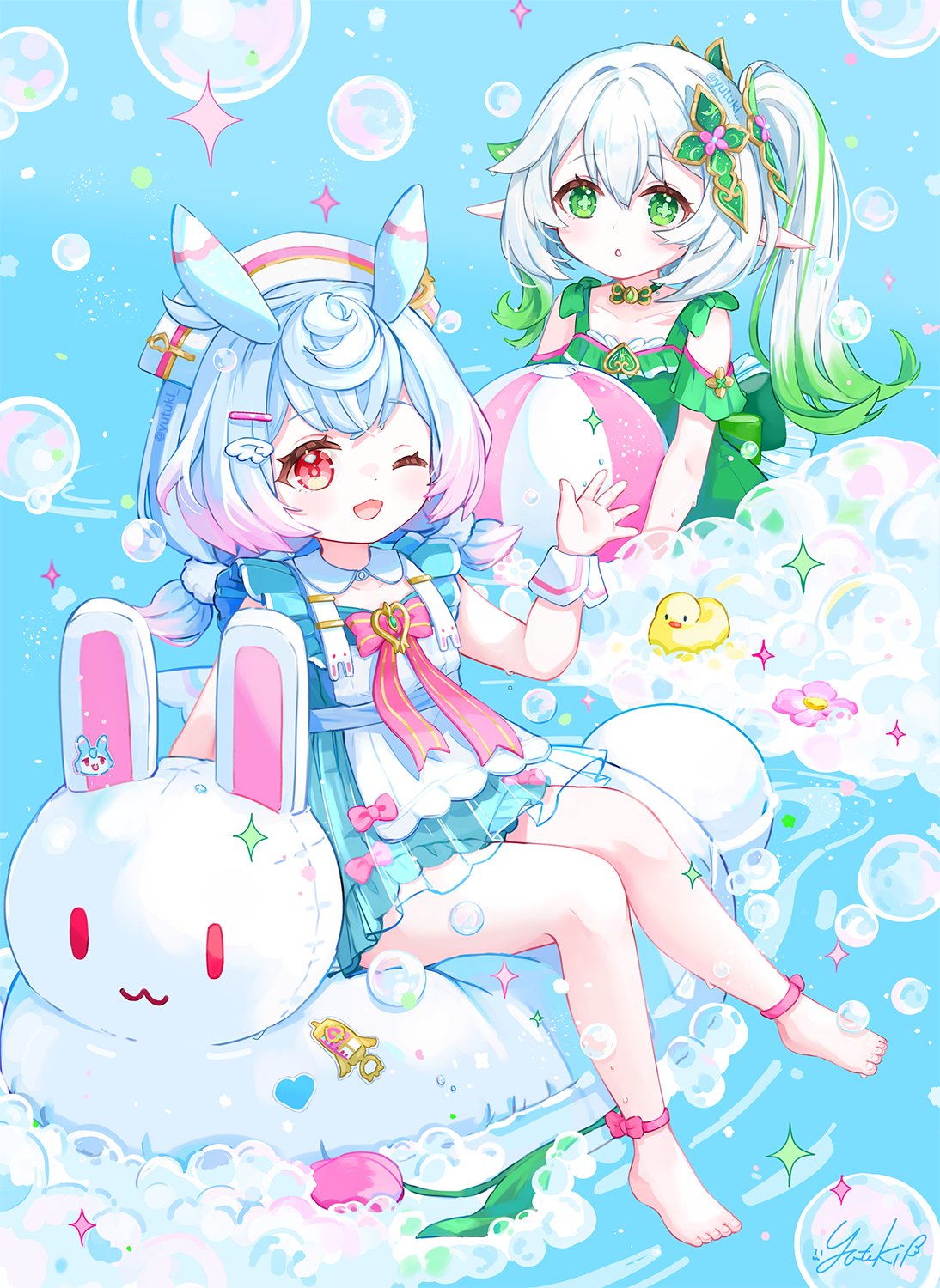 Safebooru - 2girls :o ;d adapted costume animal ears apron ball barefoot beachball blue dress ...