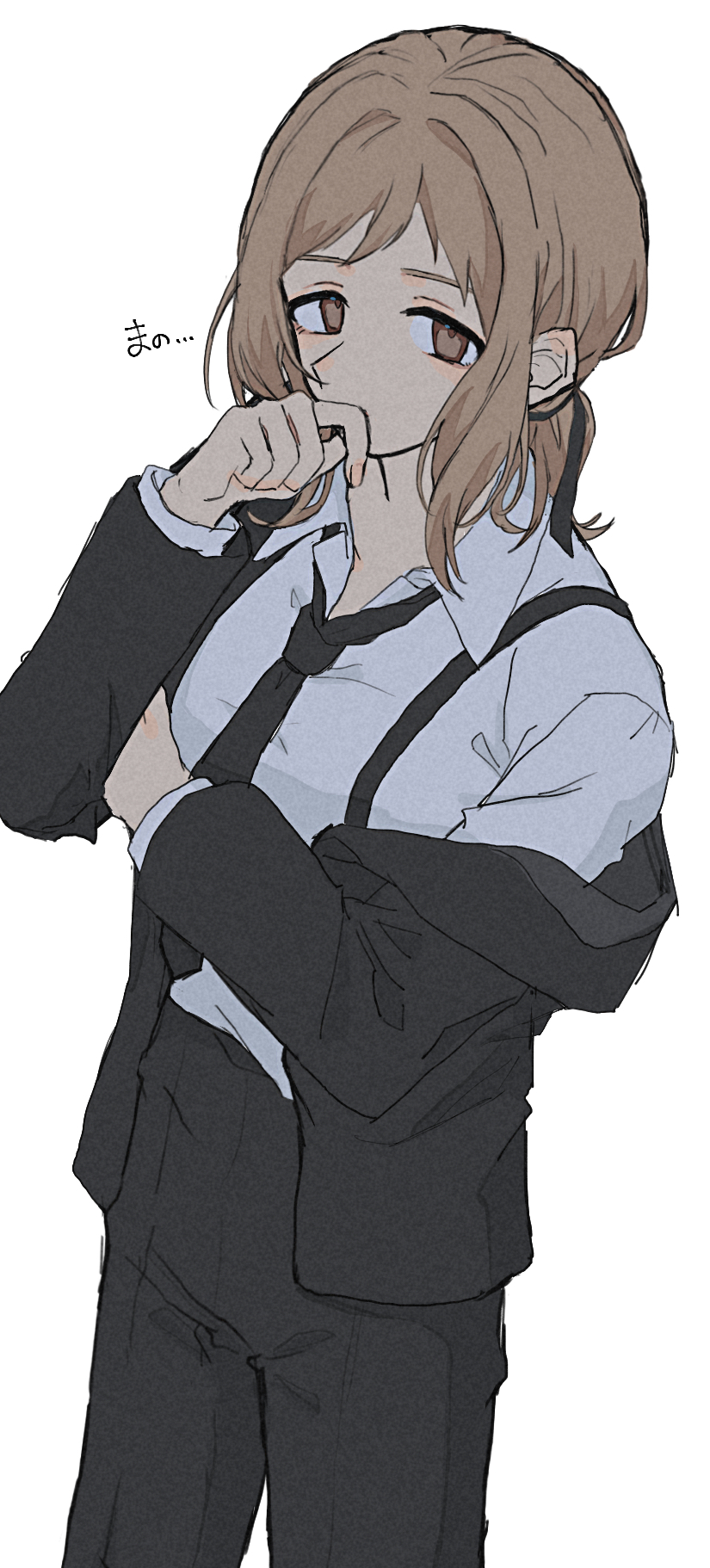 Safebooru - 1girl adxrhk black jacket black necktie black pants brown hair commentary request ...