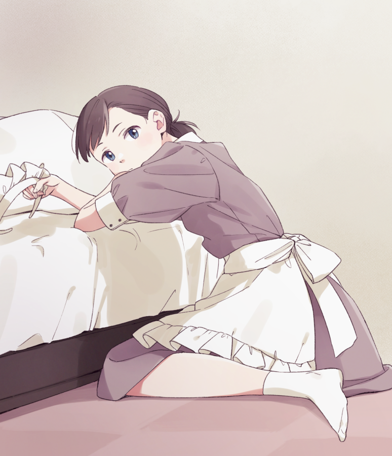 Safebooru - 1girl apron blue eyes brown hair commentary request demirinz dress grey dress ...