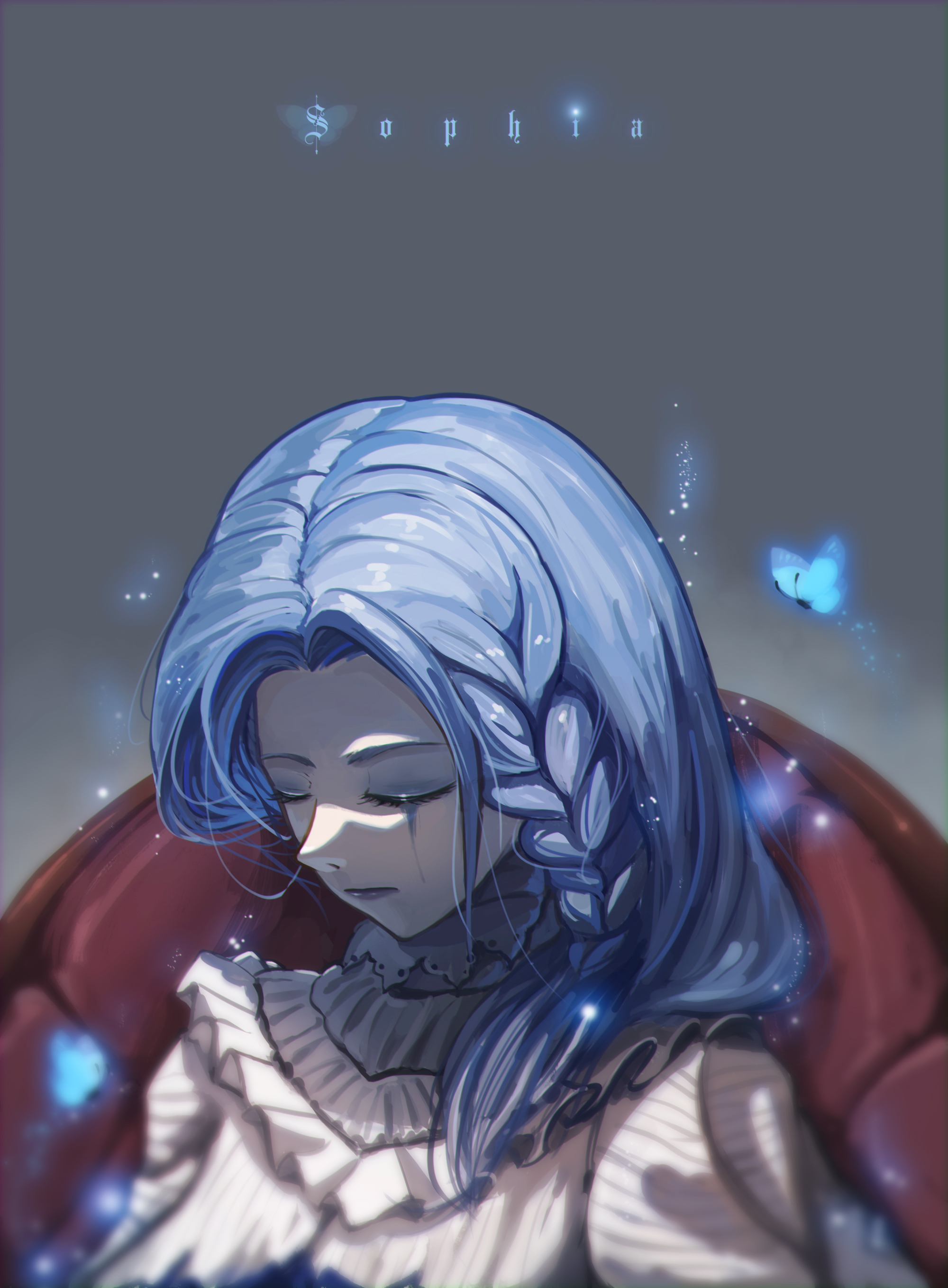 Safebooru - 1girl absurdres blue butterfly blue hair braid bug butterfly character name closed ...