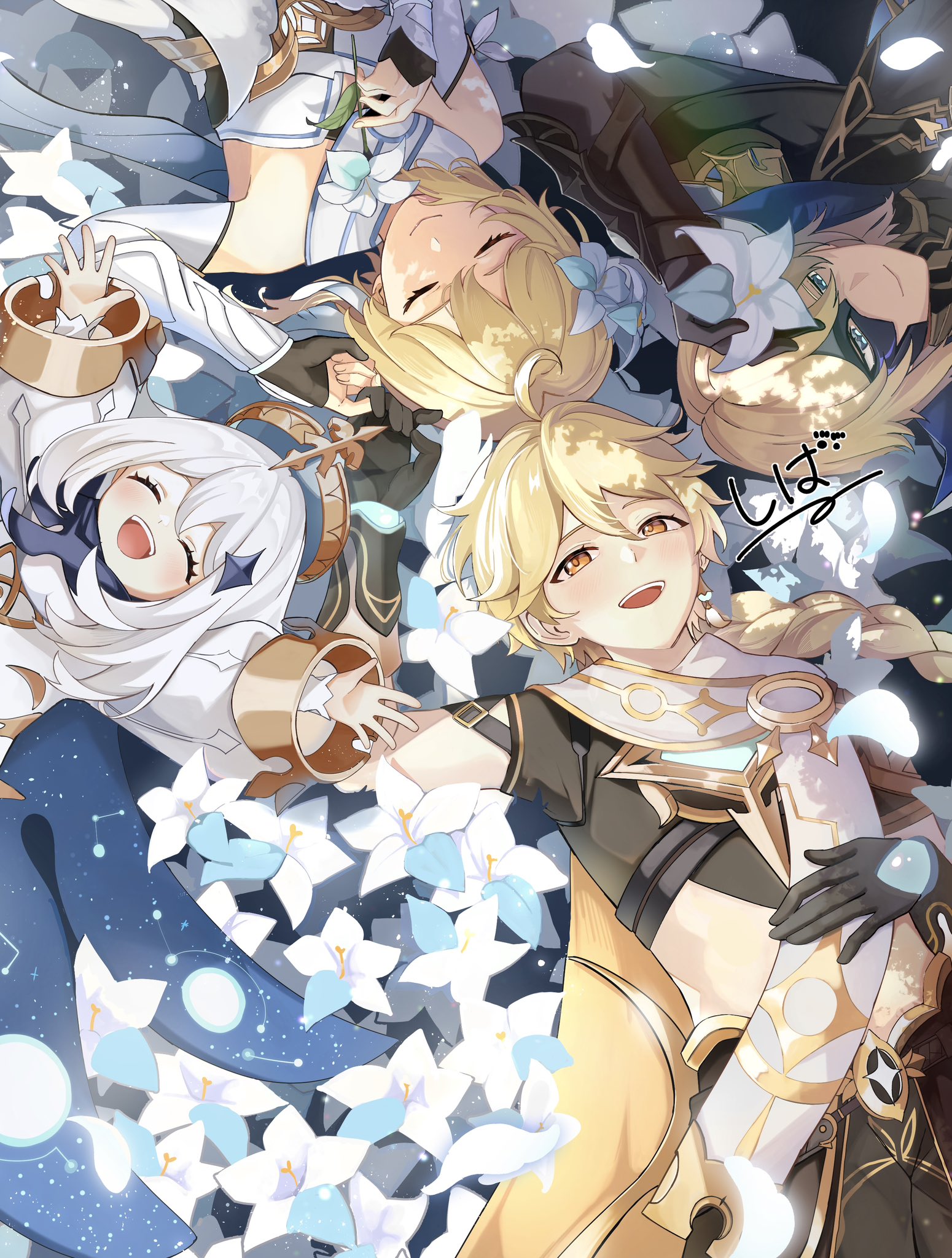 Safebooru - 2boys 2girls aether (genshin impact) ahoge arm armor arm up armor arms up bare ...