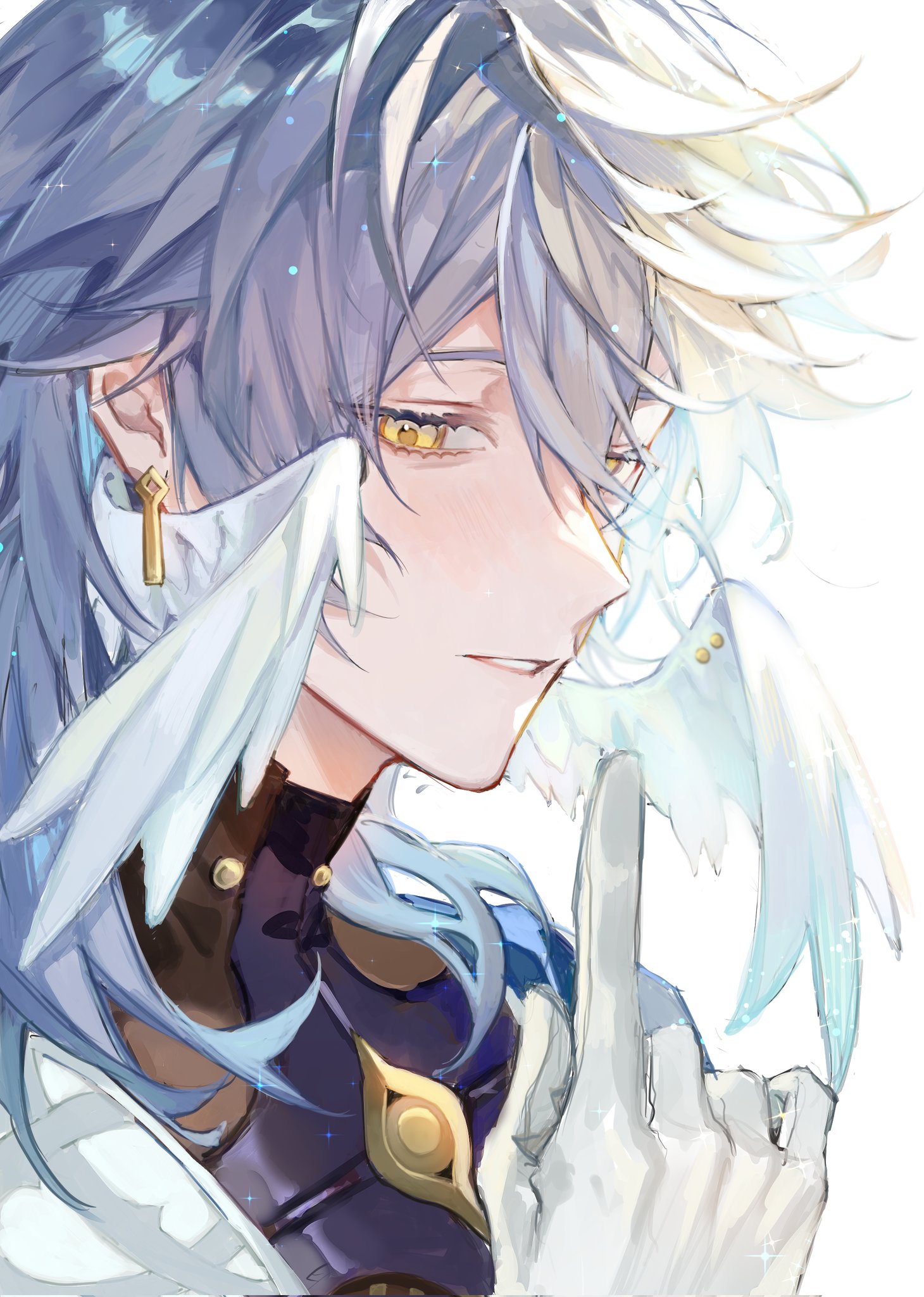 Safebooru - 1boy coat ear piercing earrings eye symbol feathered wings ...