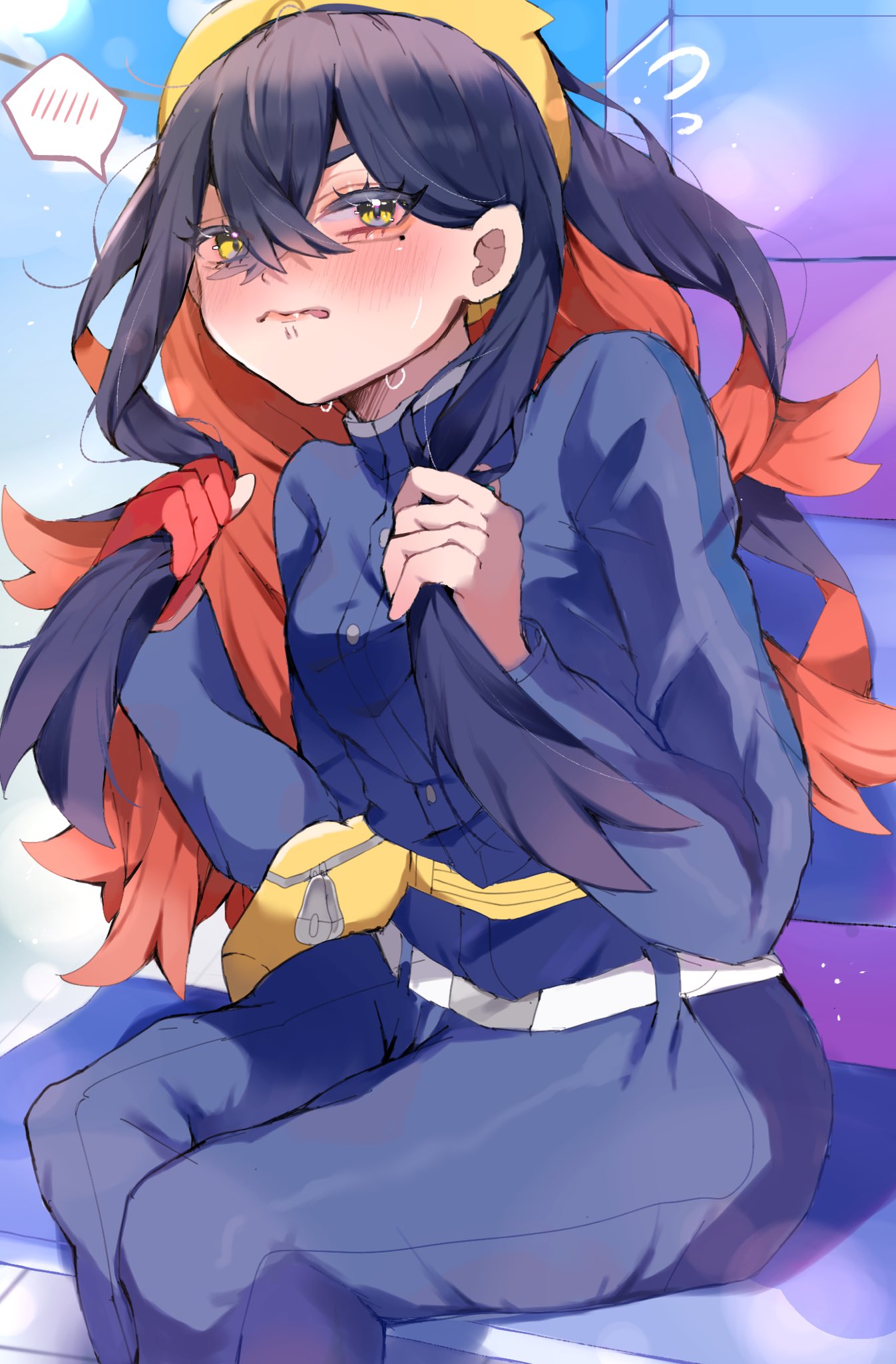 Safebooru - 1girl black hair blue jacket blue pants blush carmine (pokemon) colored inner hair ...