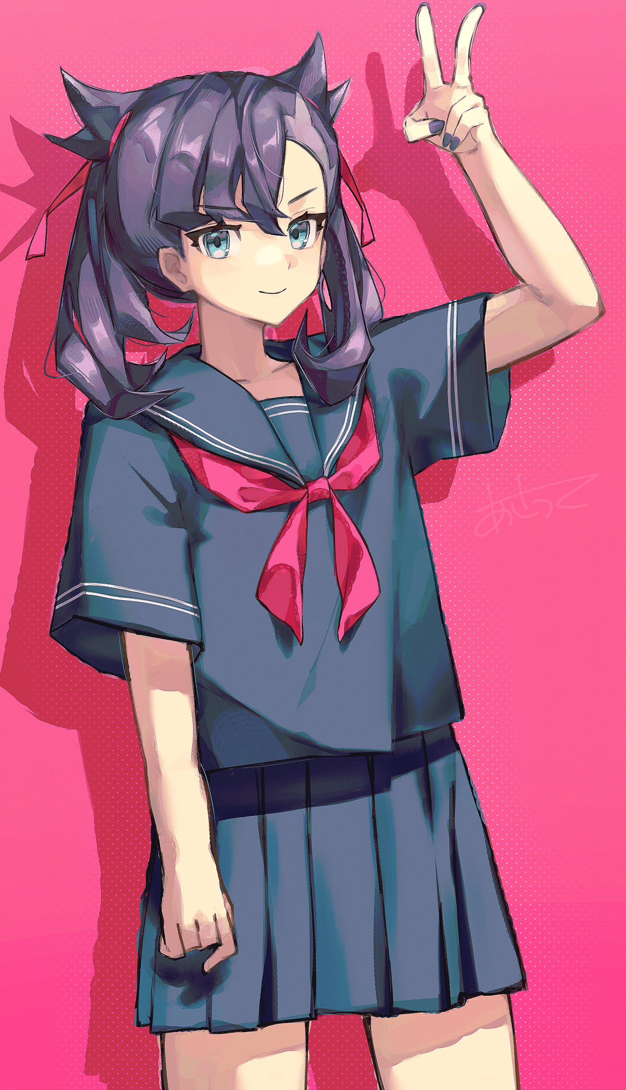 Safebooru - 1girl absurdres arm up asatte 3z asymmetrical bangs black hair black nails black ...