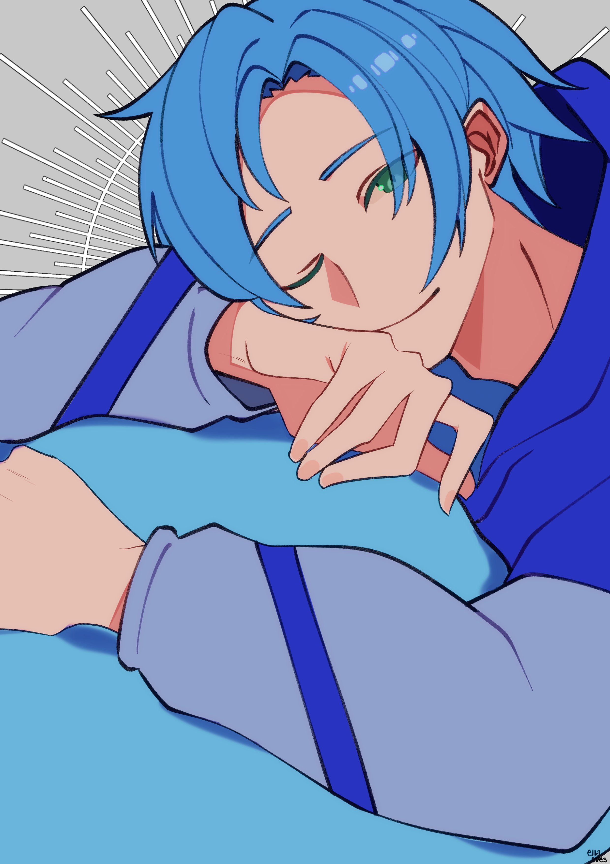 Safebooru - 1boy absurdres altventurer (regis altare) blue hair curtained hair ella eves green ...