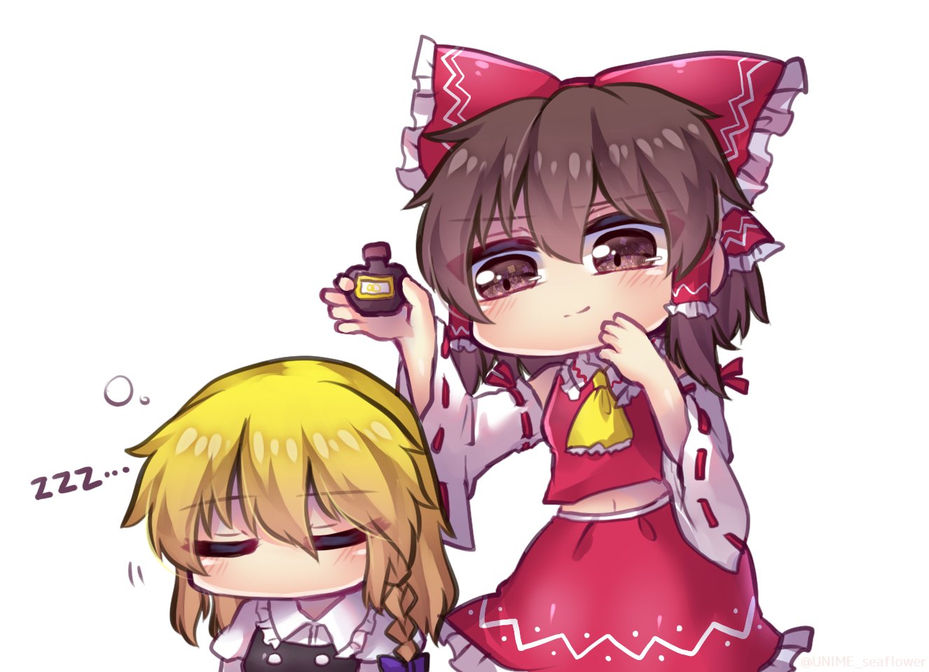 Safebooru - 2girls ascot blonde hair bow braid brown eyes brown hair closed eyes closed mouth ...