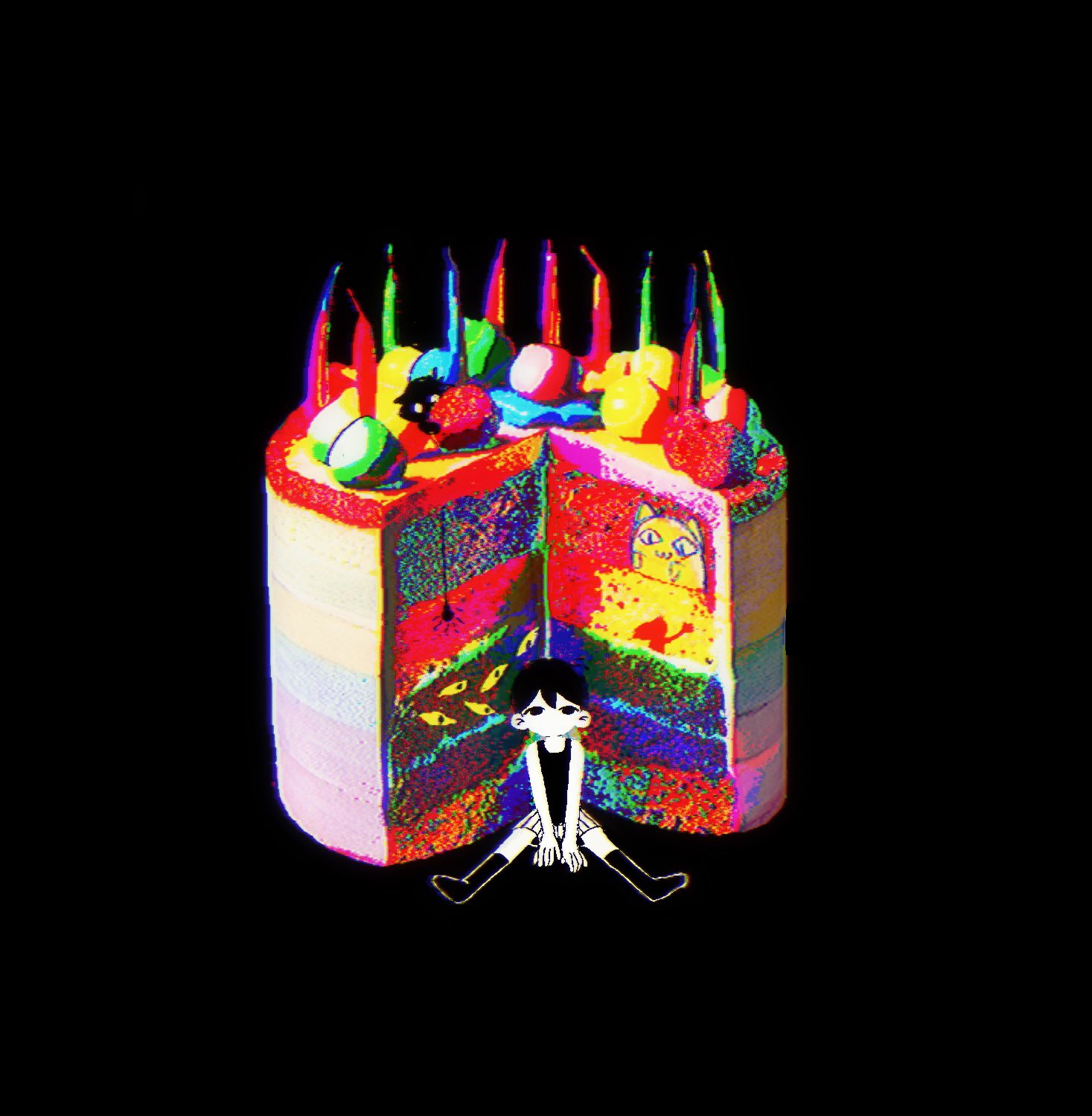 Safebooru - 2boys big yellow cat (omori) birthday cake black background ...