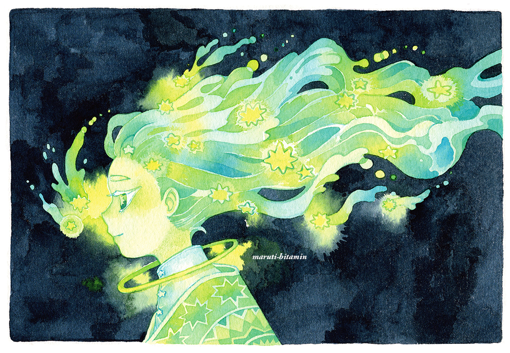 Safebooru - 1girl androgynous artist name blue background blue shirt ...