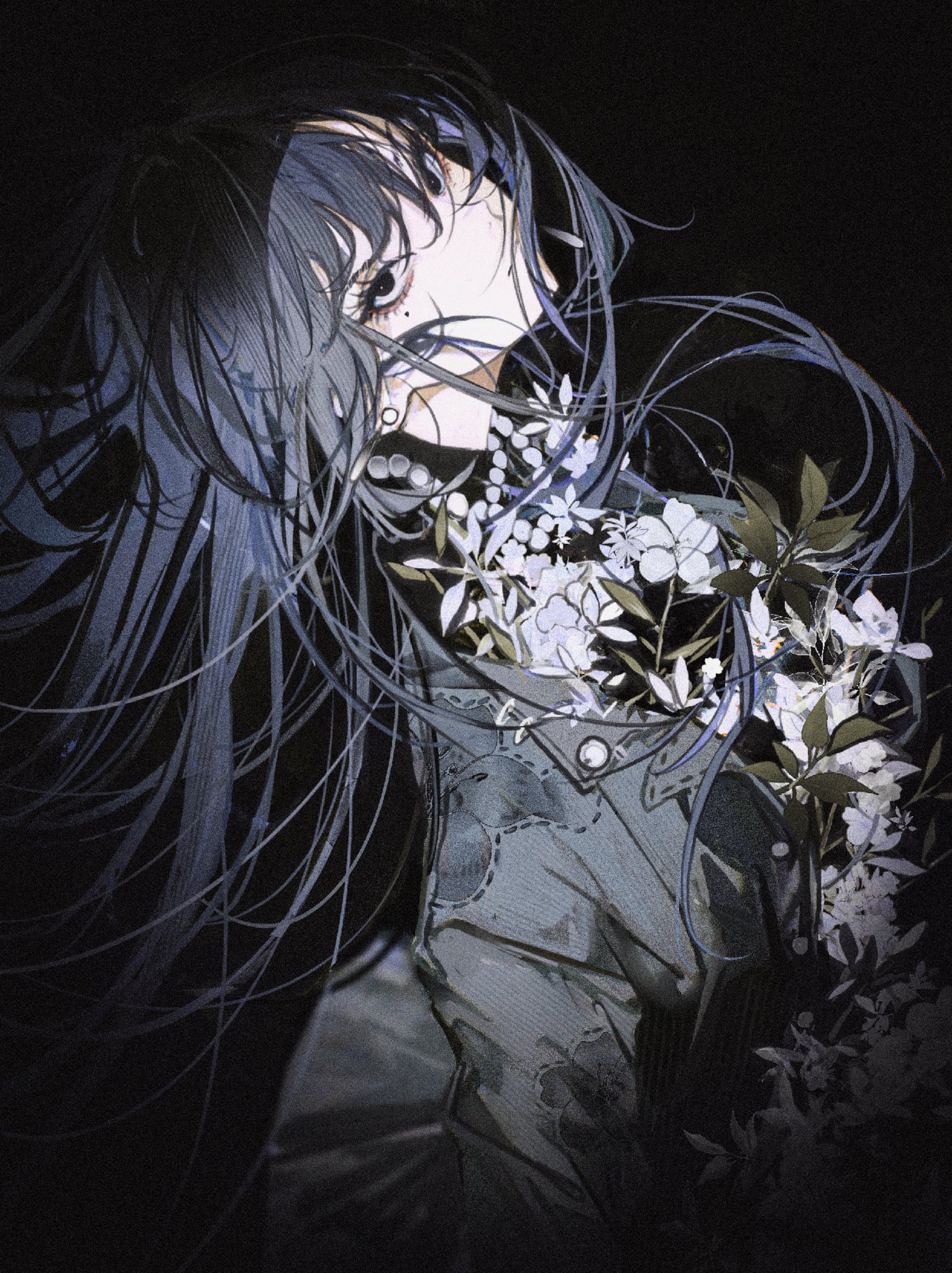 Safebooru - 1girl bead necklace beads black eyes black hair black theme closed mouth earrings ...