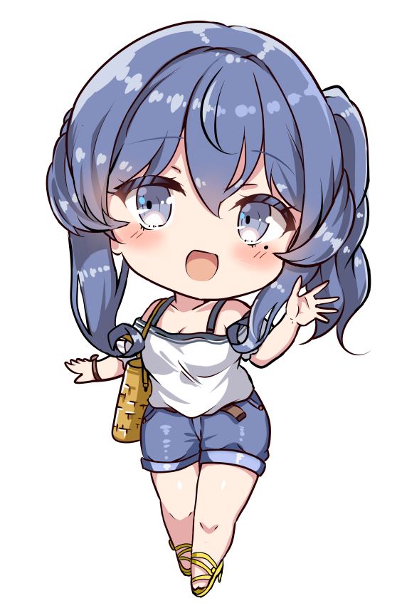 Safebooru - 1girl alternate costume bag blue eyes blue hair blue shorts ...