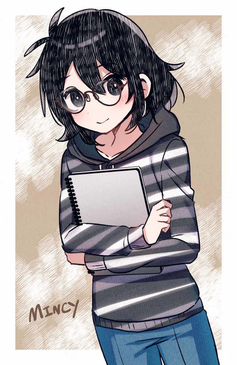 Safebooru - 1girl black eyes black hair blush character name closed mouth denim glasses jeans ...