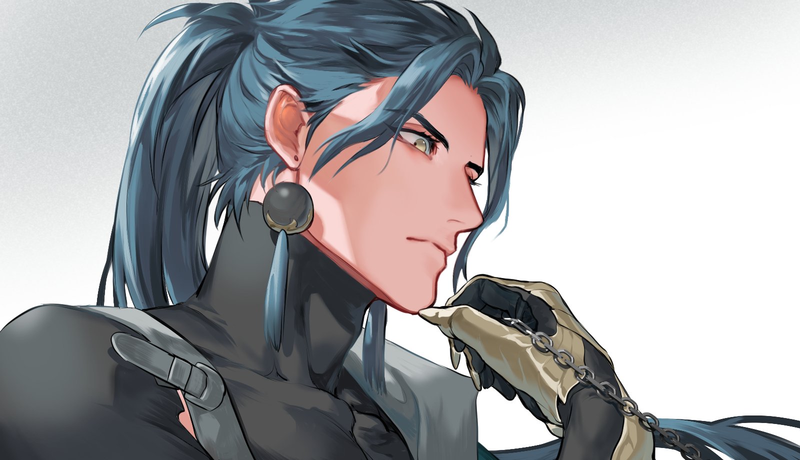 Safebooru - 1boy arm up belt black shirt chain chain leash closed mouth collarbone commentary ...