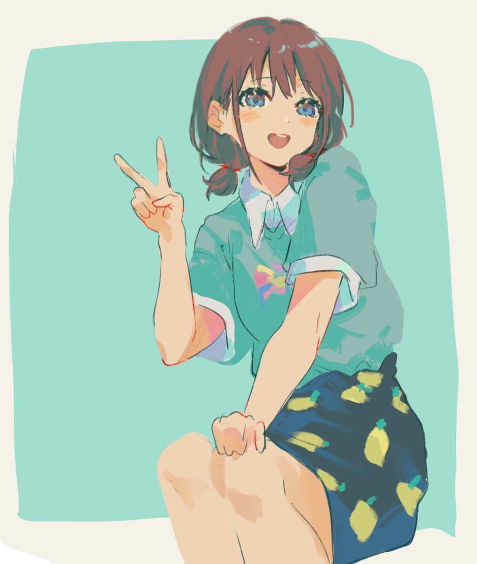 Safebooru - 1girl black skirt blue background blue eyes blue shirt blush brown hair commentary ...