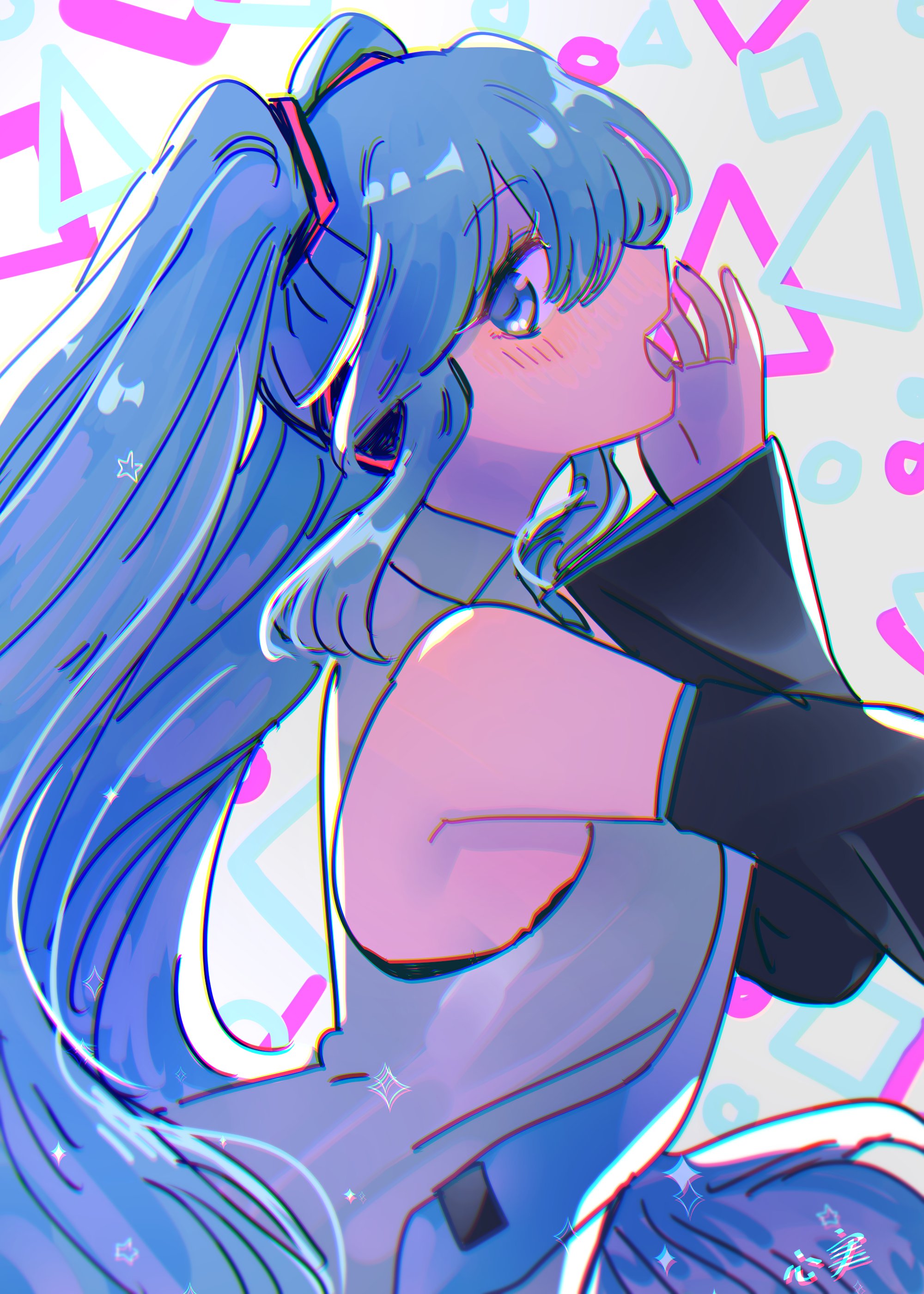 Safebooru - 1girl :d absurdres bare shoulders black sleeves blue eyes blue hair blue necktie ...