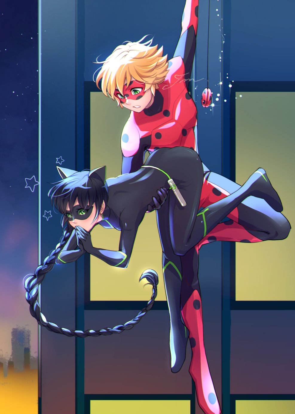 Safebooru - 1boy 1girl adrien agreste animal ears black bodysuit black hair black mask bodysuit ...