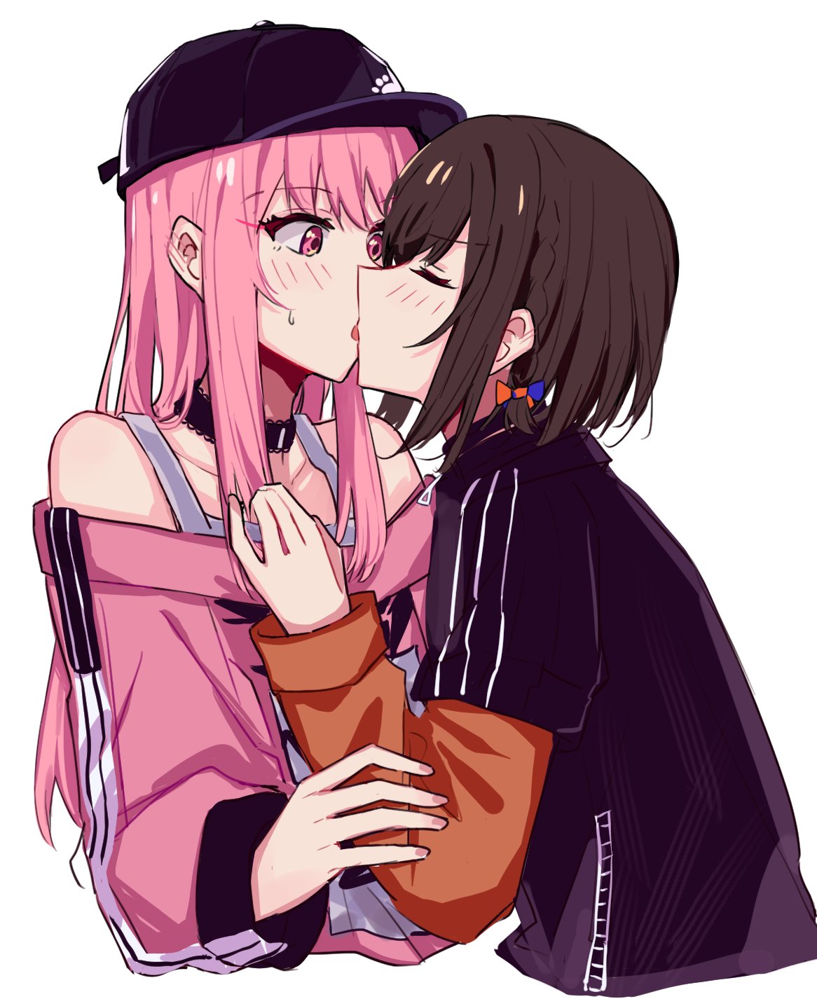 Safebooru - 1girl 1other akiyama mizuki androgynous bare shoulders baseball cap black choker ...