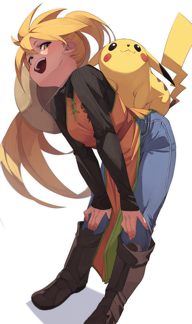 Safebooru - 1girl :d black sweater blonde hair blue pants blush boots brown footwear brown hat ...