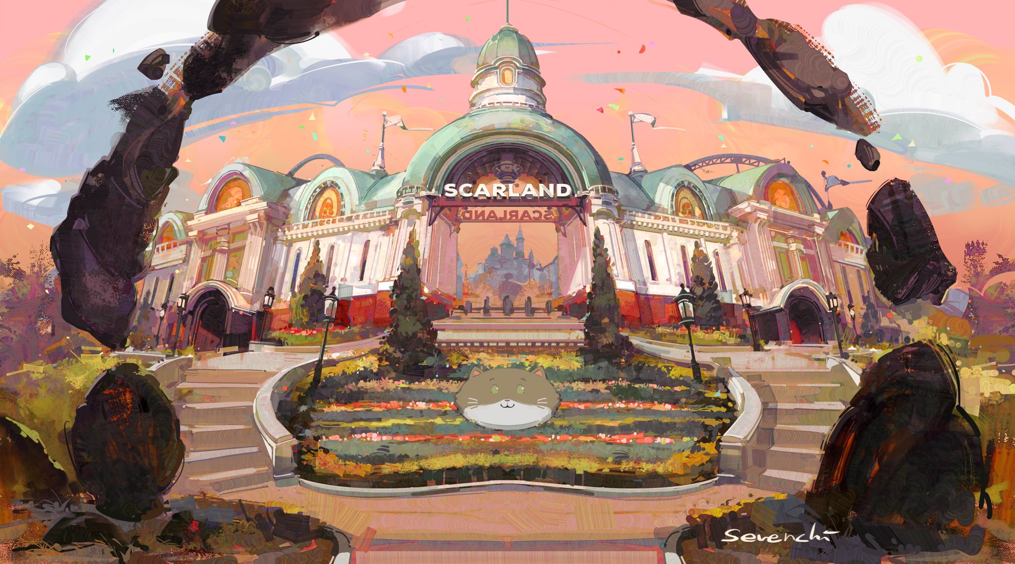 Safebooru - architecture building castle cat clouds commentary english ...